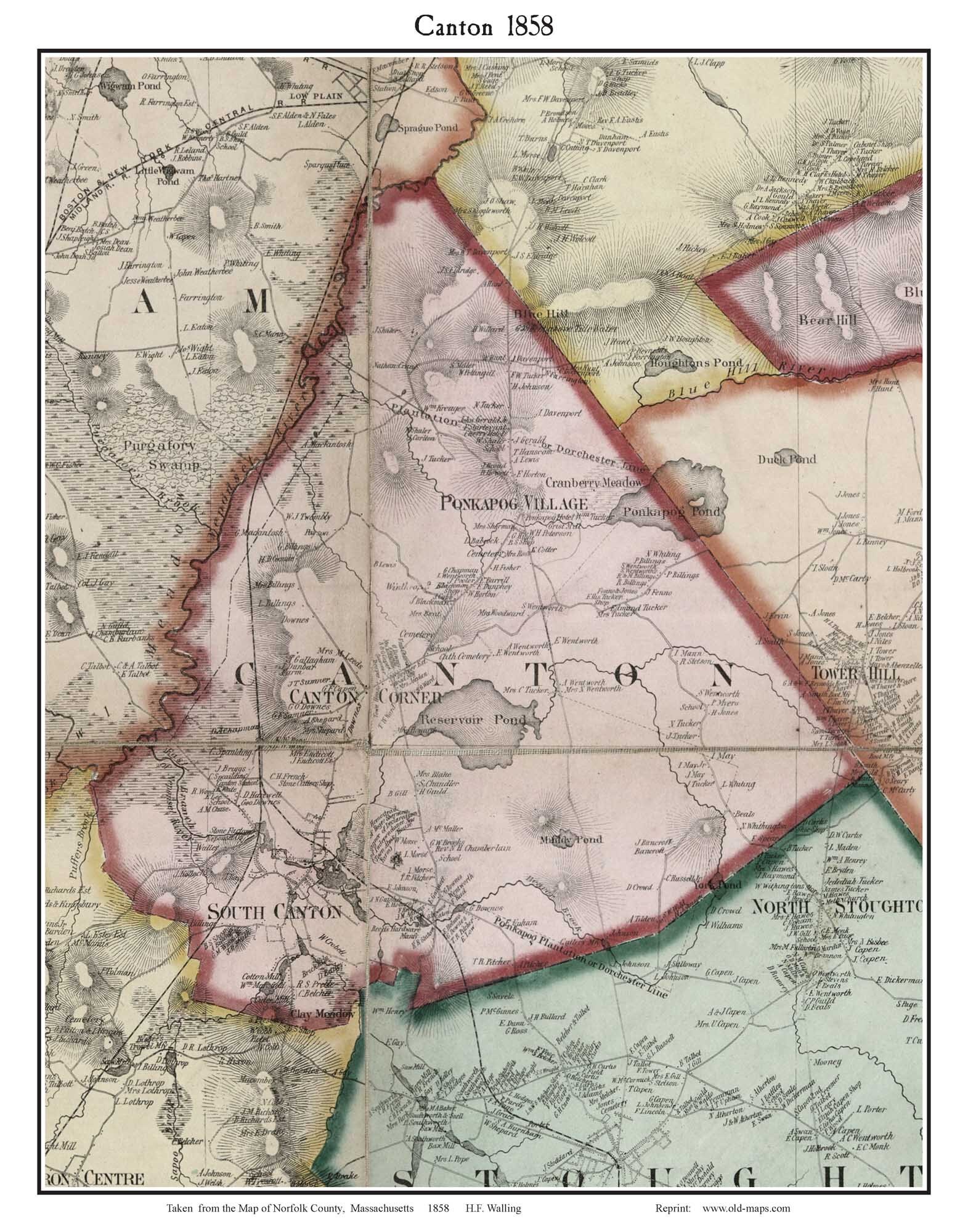 Canton Massachusetts 1858 Old Town Map With Homeowner Names - Etsy