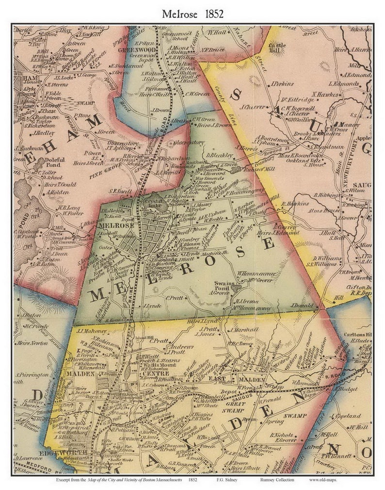 Melrose 1852 Old Town Map With Homeowner Names Massachusetts - Etsy