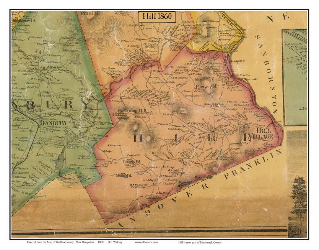 Hill 1860 Old Town Map With Homeowner Names New Hampshire Reprint ...