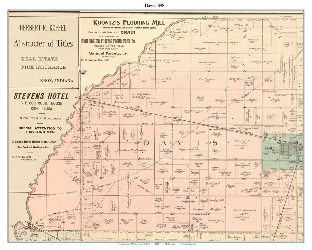 Davis 1898 Old Town Map With Homeowner Names Indiana Hamlet - Reprint ...