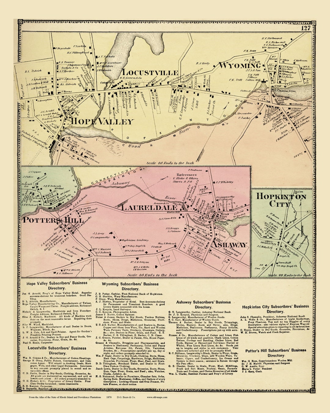 Hopkinton Rhode Island 1870 Laureldale Hope Valley Old Town Map Mount ...
