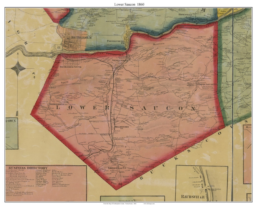 Lower Saucon 1860 Old Town Map With Homeowner Names Pennsylvania ...