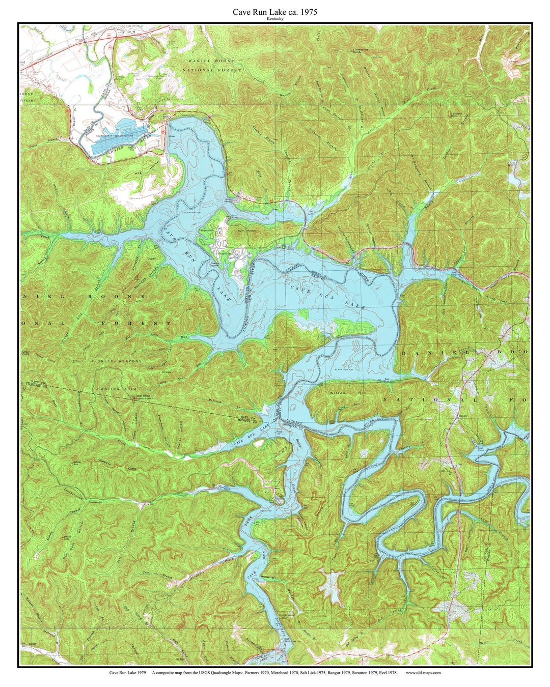Cave Run Lake 1975 Old Map Topo Custom Composite USGS Reprint Kentucky ...