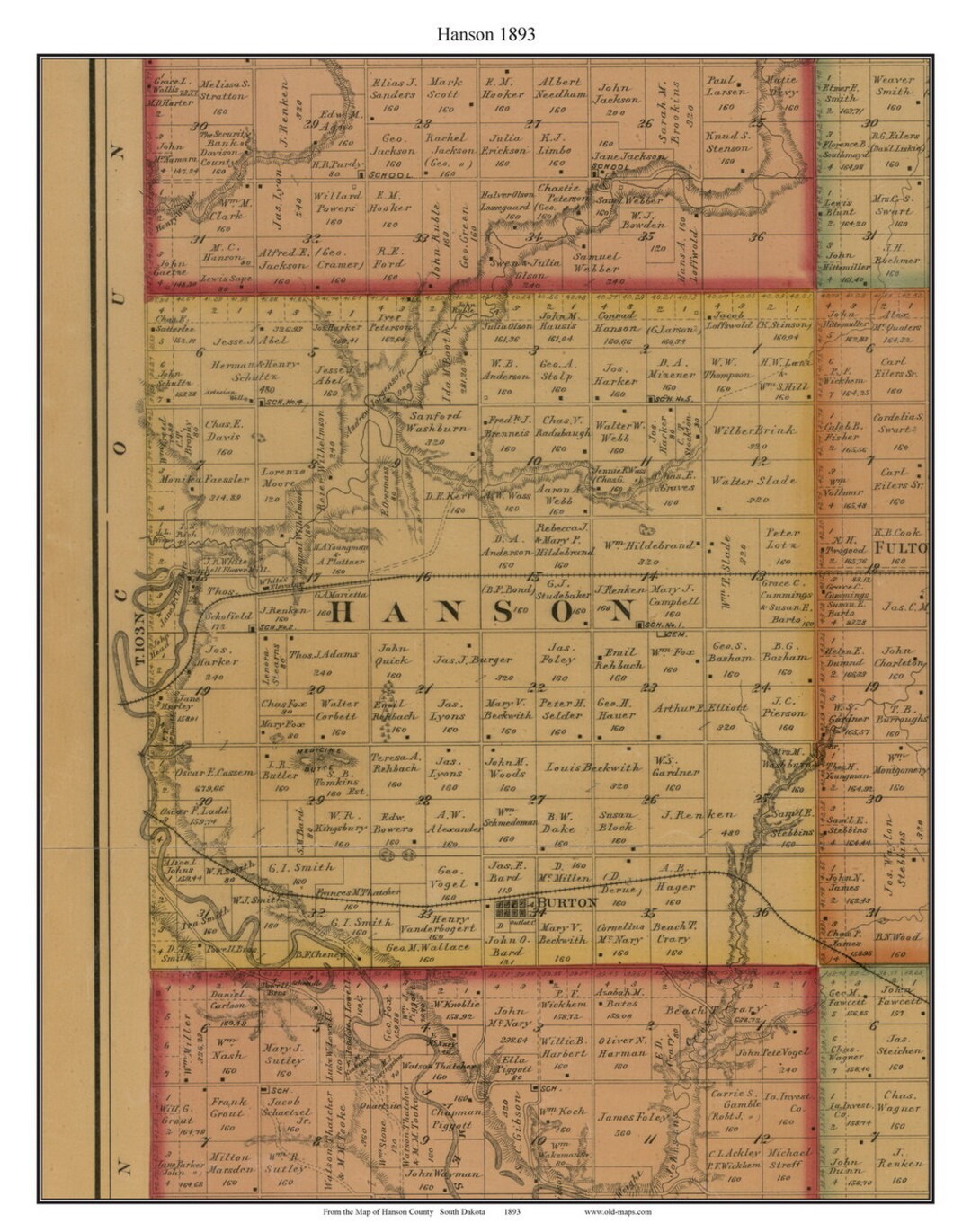 Hanson 1893 Old Town Map With Homeowner Names South Dakota Hanson ...