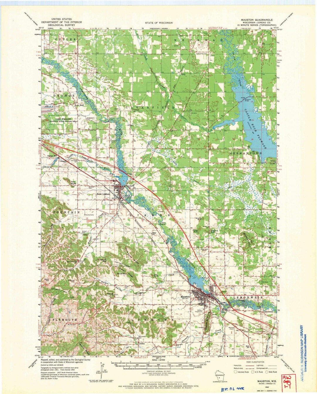 Mauston 1962 1970 Old Topo Map Castle Rock Flowage Lemonweir Quad ...