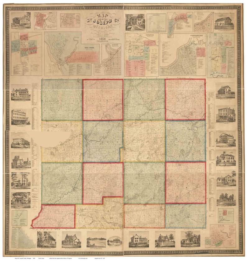 St. Joseph County Michigan 1858 Old Wall Map Reprint With - Etsy
