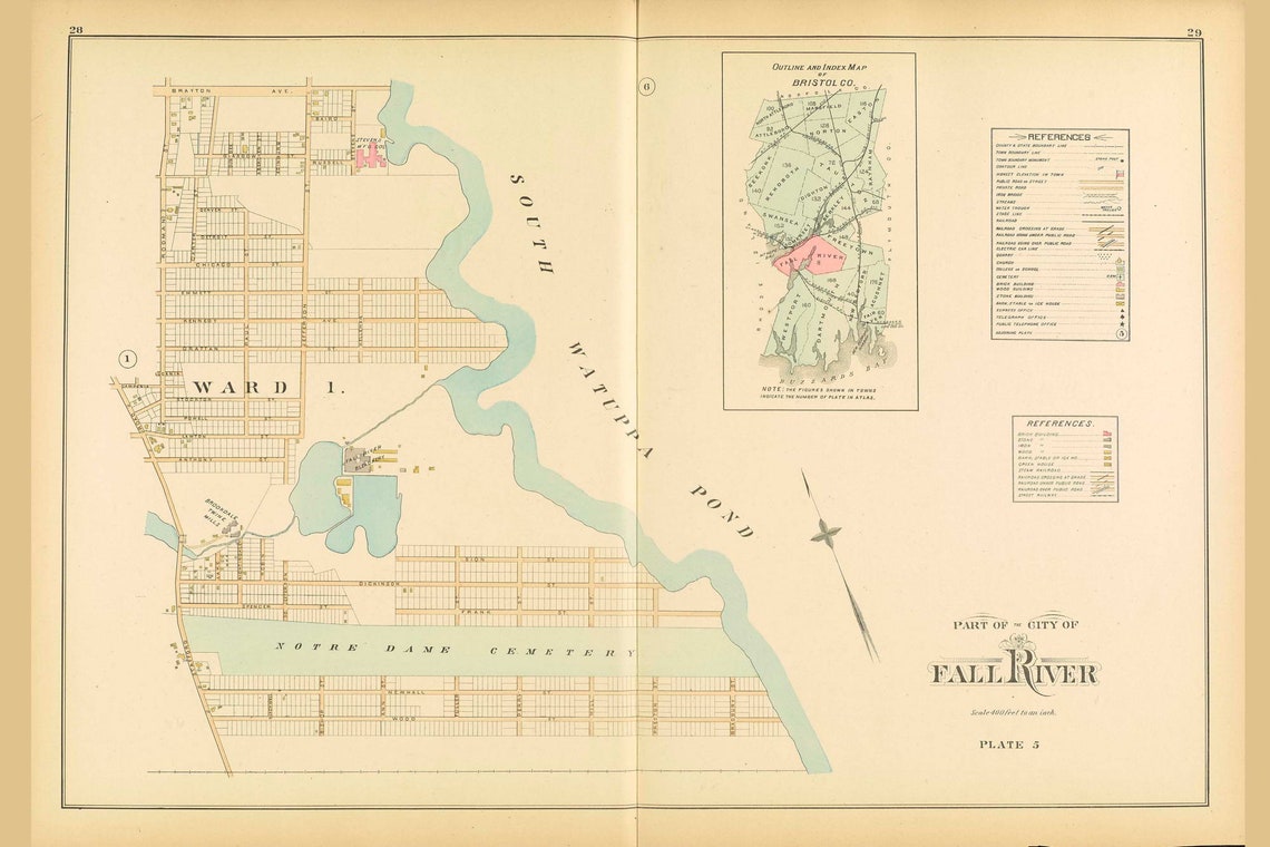 Fall River 1895 Old Town Map Reprint Notre Dame Cemetery - Etsy