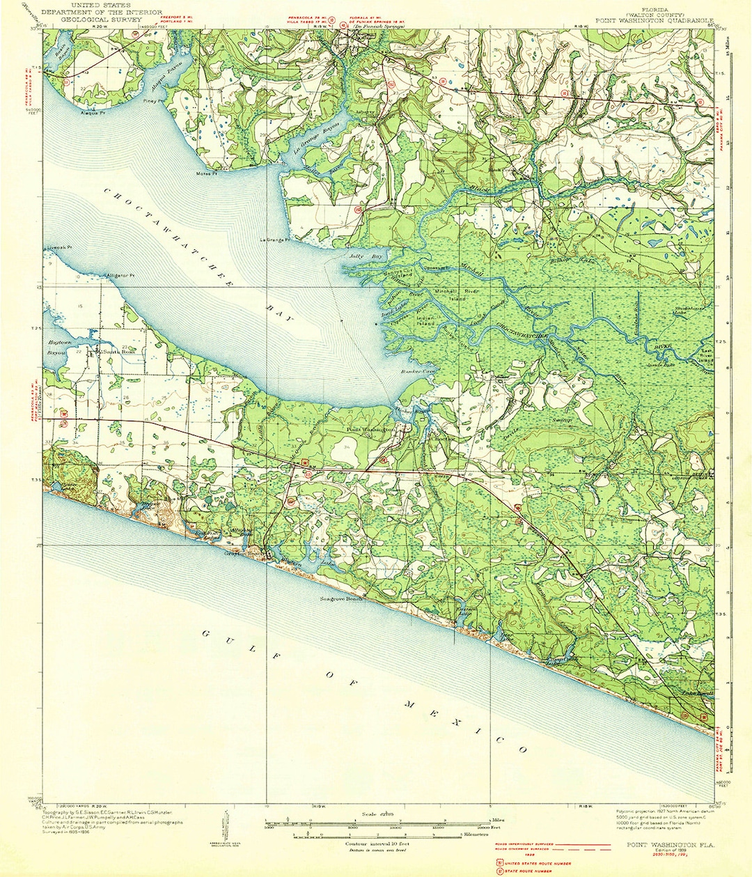 Point Washington 1939 Old Topo Map - Seagrove Beach - Grayton Beach ...