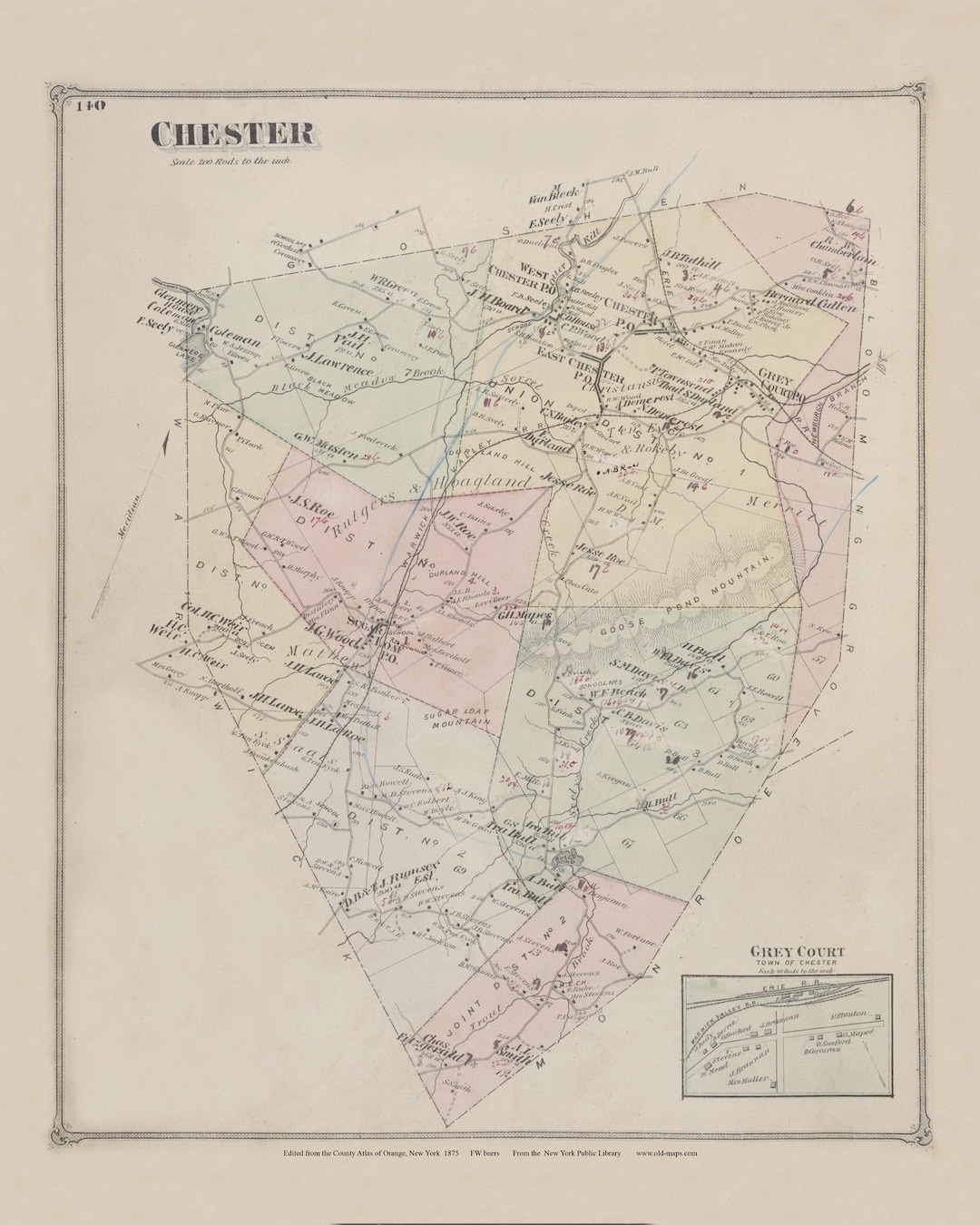 Chester 1875 Map Homeowner Names Grey Court Goose Pond Mountain Reprint ...