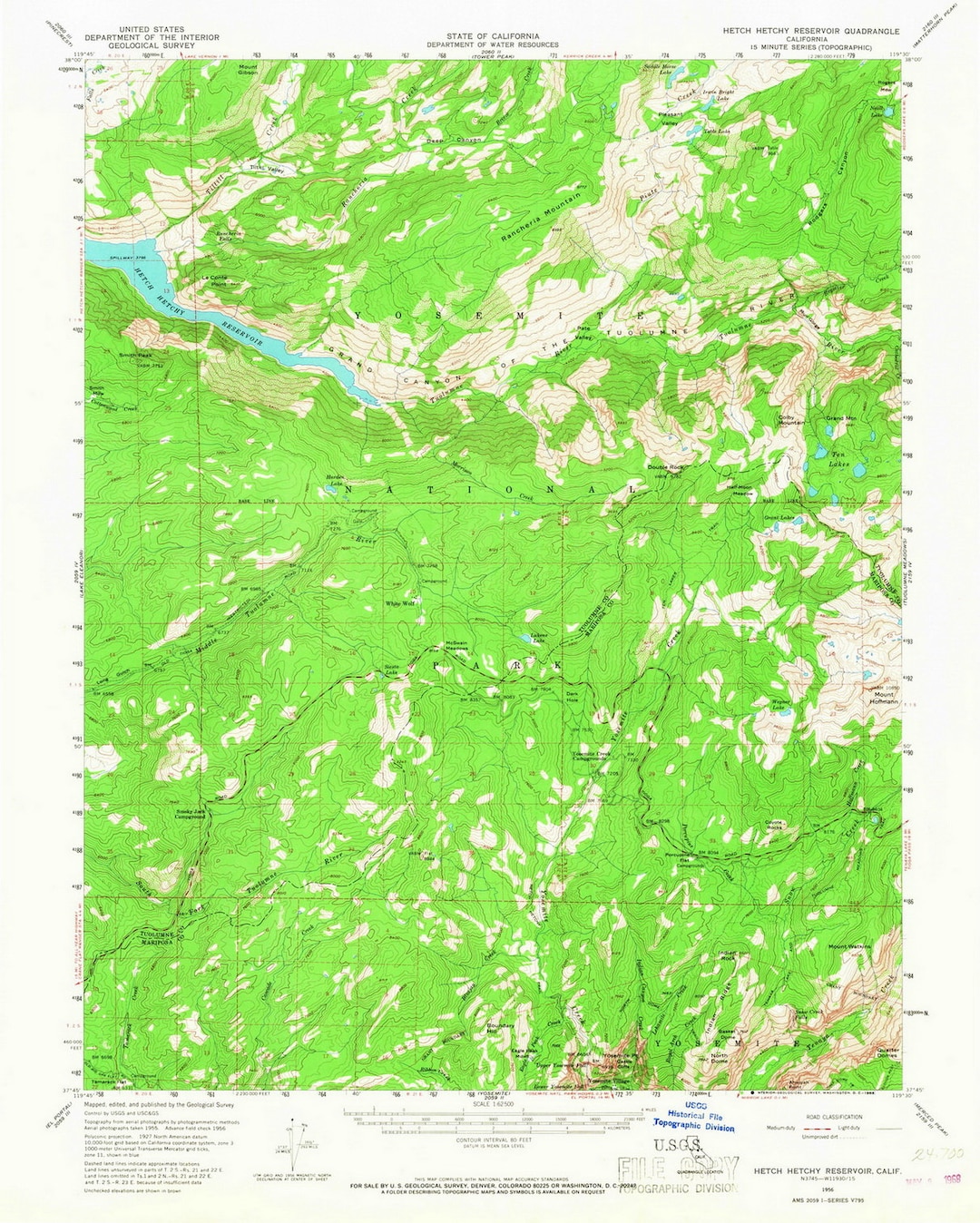 Hetch Hetchy Reservoir 1956 Old Topo Map Yosemite National - Etsy