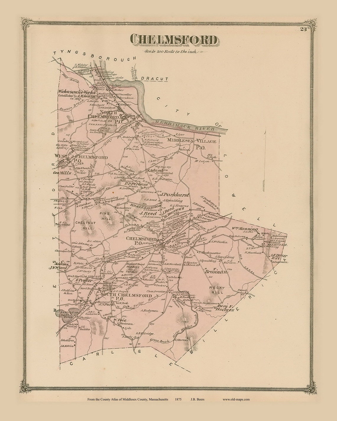 Chelmsford - 1875 - Old Town Map Reprint - Middlesex County ...