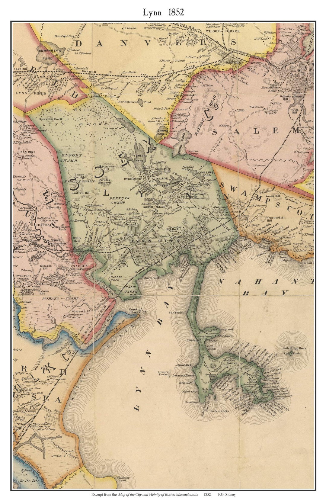 Lynn 1852 Old Town Map With Homeowner Names Massachusetts Nahant ...