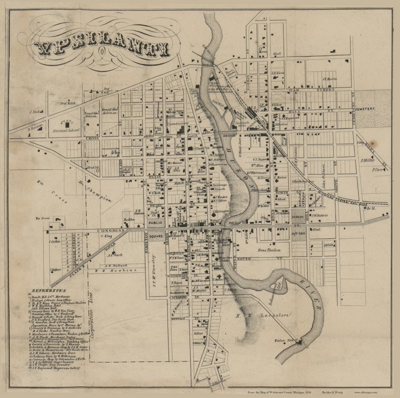 Ypsilanti City 1856 Old Town Map With Names Michigan - Etsy