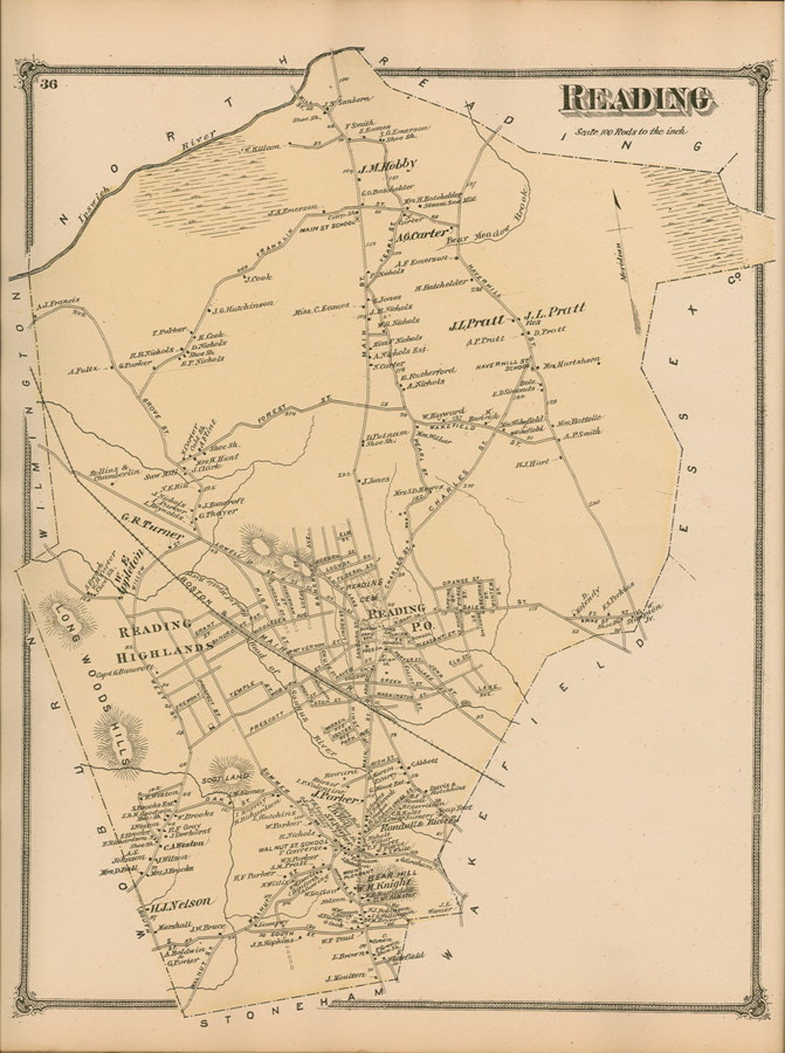 Reading 1875 Old Town Map Reprint Middlesex County - Etsy