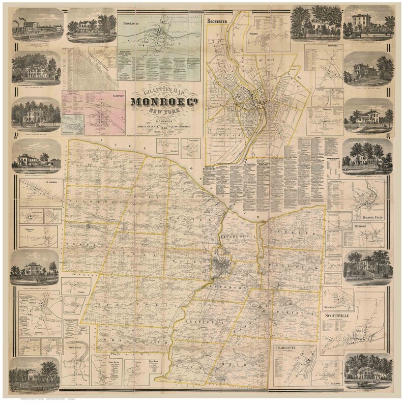 Monroe County New York 1858 Wall Map with Homeowner Names | Etsy