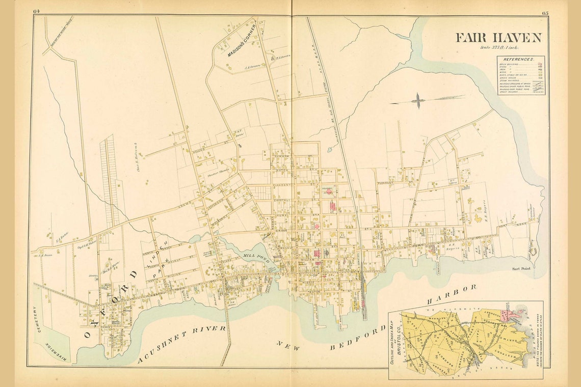 Fairhaven closeup 1895 Old Town Map Reprint Oxford - Etsy