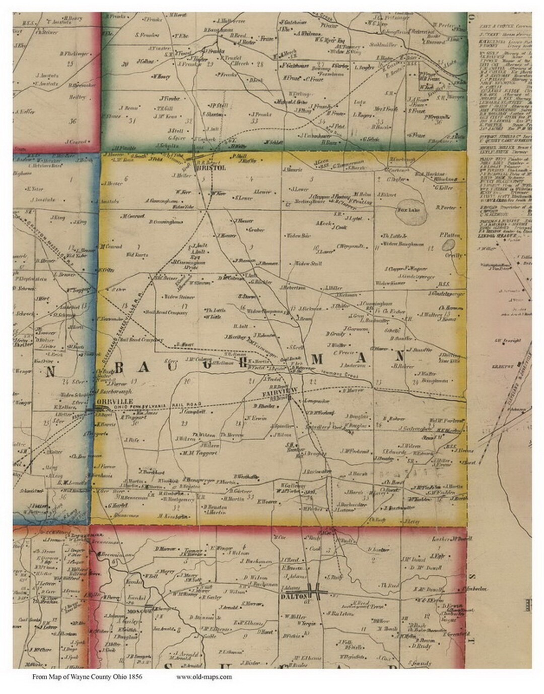 Baughman 1856 Old Town Map With Homeowner Names - Ohio - Reprint ...