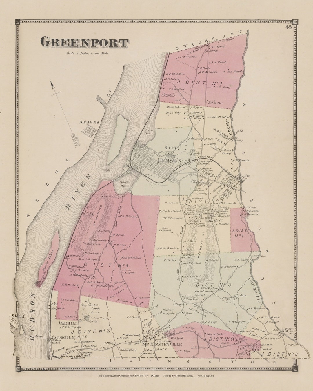 Greenport 1873 Old Map Homeowner Names Reprint Columbia Co Beers Atlas ...