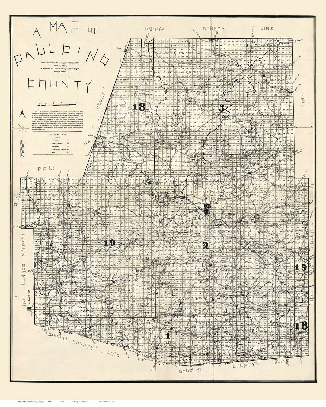 Paulding County Old 1896 Map Georgia - Wall Map With Homeowner Names ...