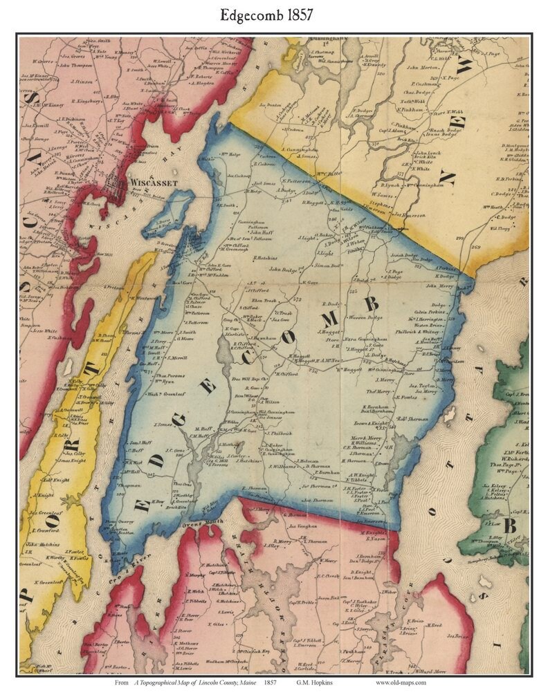 Edgecomb 1857 Old Town Map With Homeowner Names Maine Wiscasset Bay ...