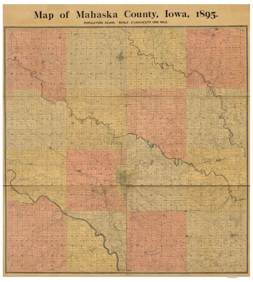 Mahaska County Iowa 1895 Old Wall Map With Landowner Names Farm Lines ...