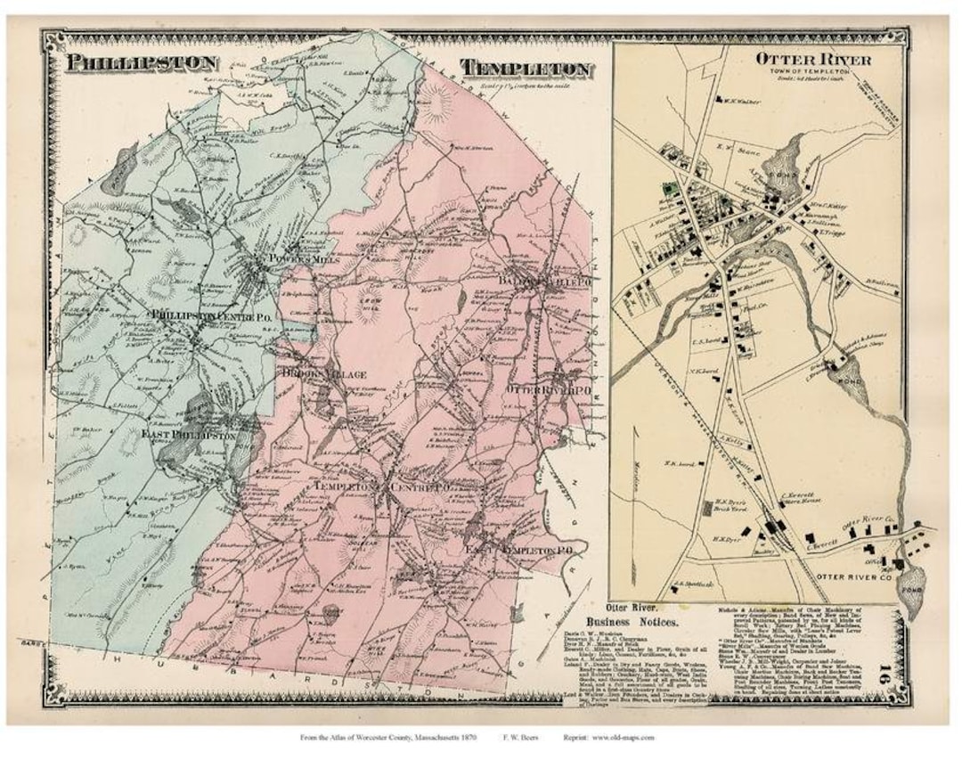 Phillipston Templeton 1870 Otter River Old Town Map With Homeowner ...
