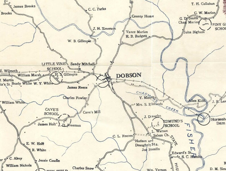 Surry County 1921 - Old Wall Map North Carolina With Homeowner Names ...