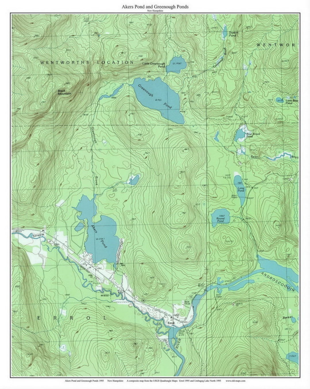 Akers Pond and Greenough Ponds 1995 Old Topographic Map Errol USGS ...