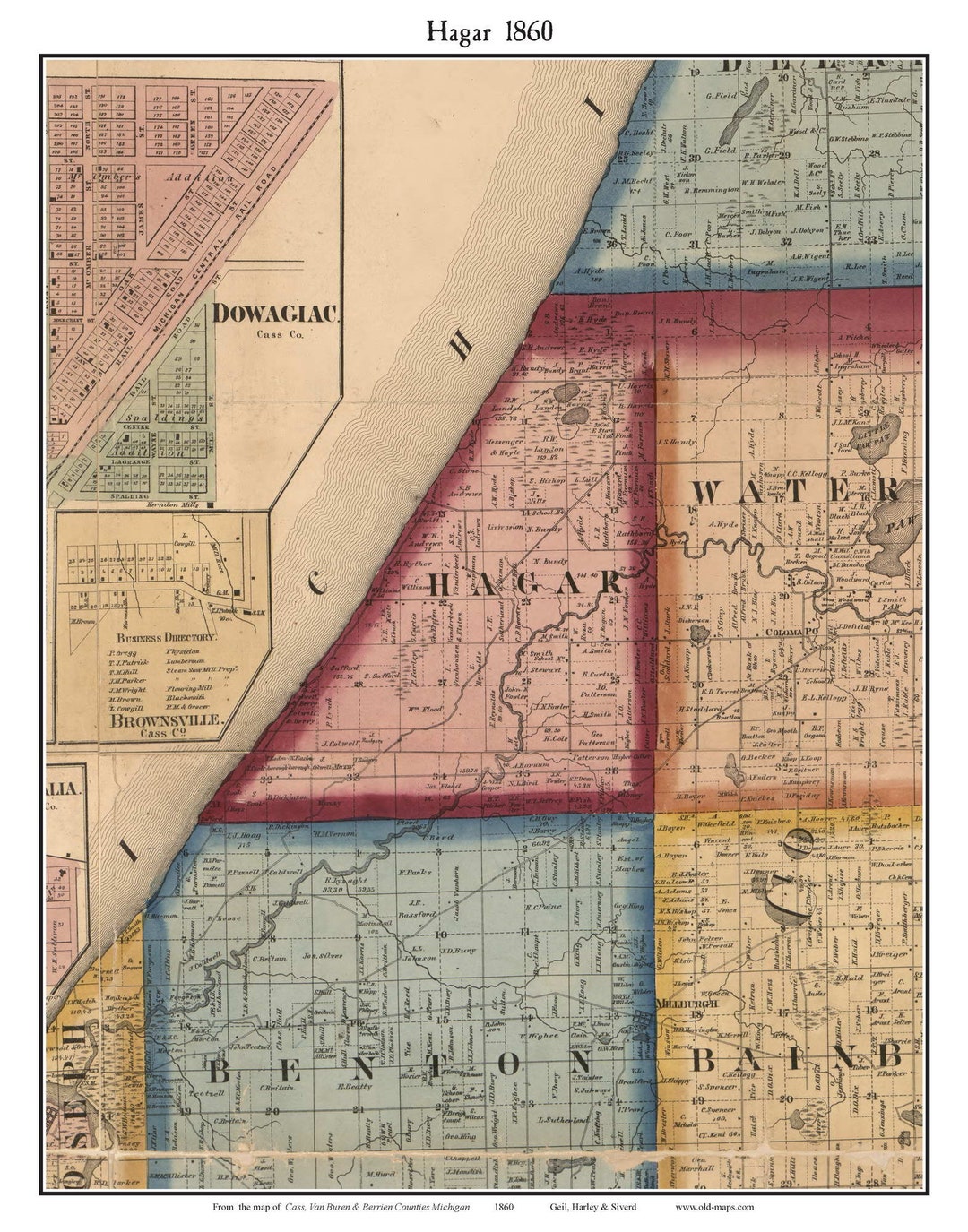 Hagar 1860 Old Town Map With Homeowner Names Michigan - Reprint ...