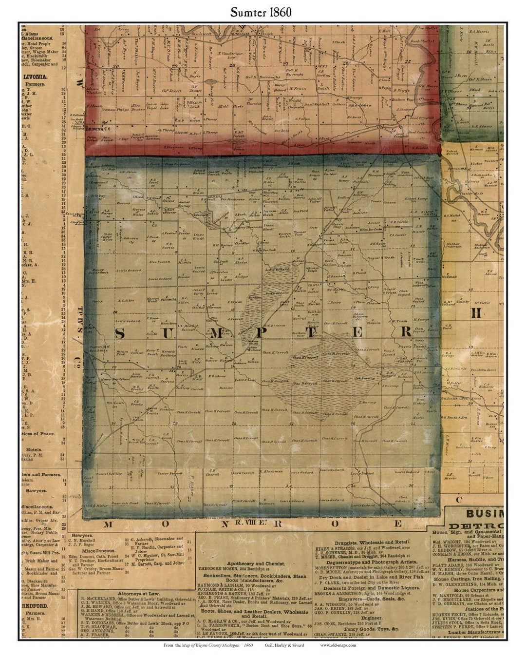 Sumpter 1860 Old Town Map With Homeowner Names - Michigan - Reprint ...