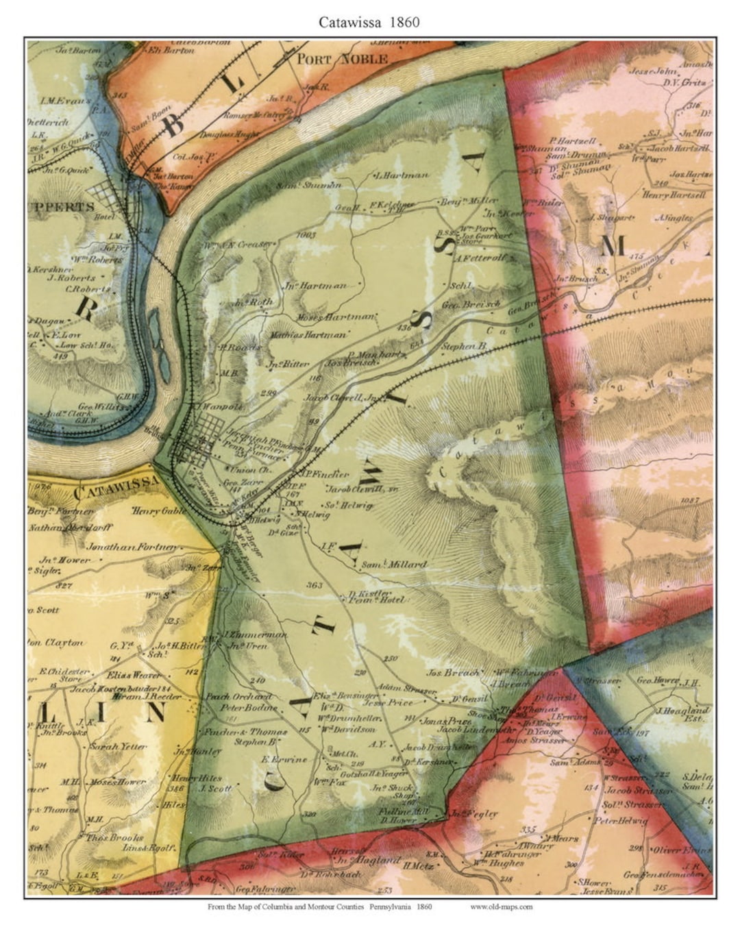 Catawissa 1860 Old Town Map With Homeowner Names Pennsylvania Reprint ...