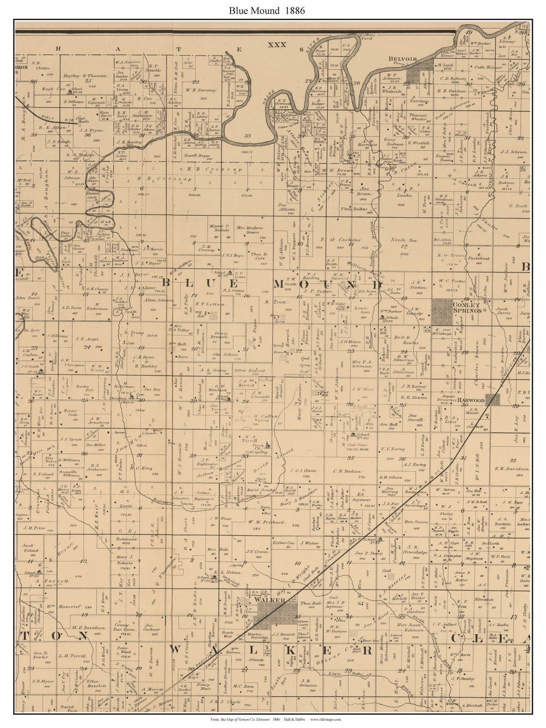 Blue Mound 1886 Old Town Map With Homeowner Names Missouri Vernon Co ...