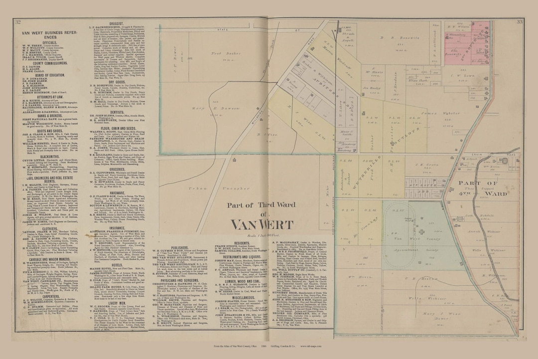 Van Wert Third Ward 1886 Old Town Map With Homeowner Names - Ohio ...