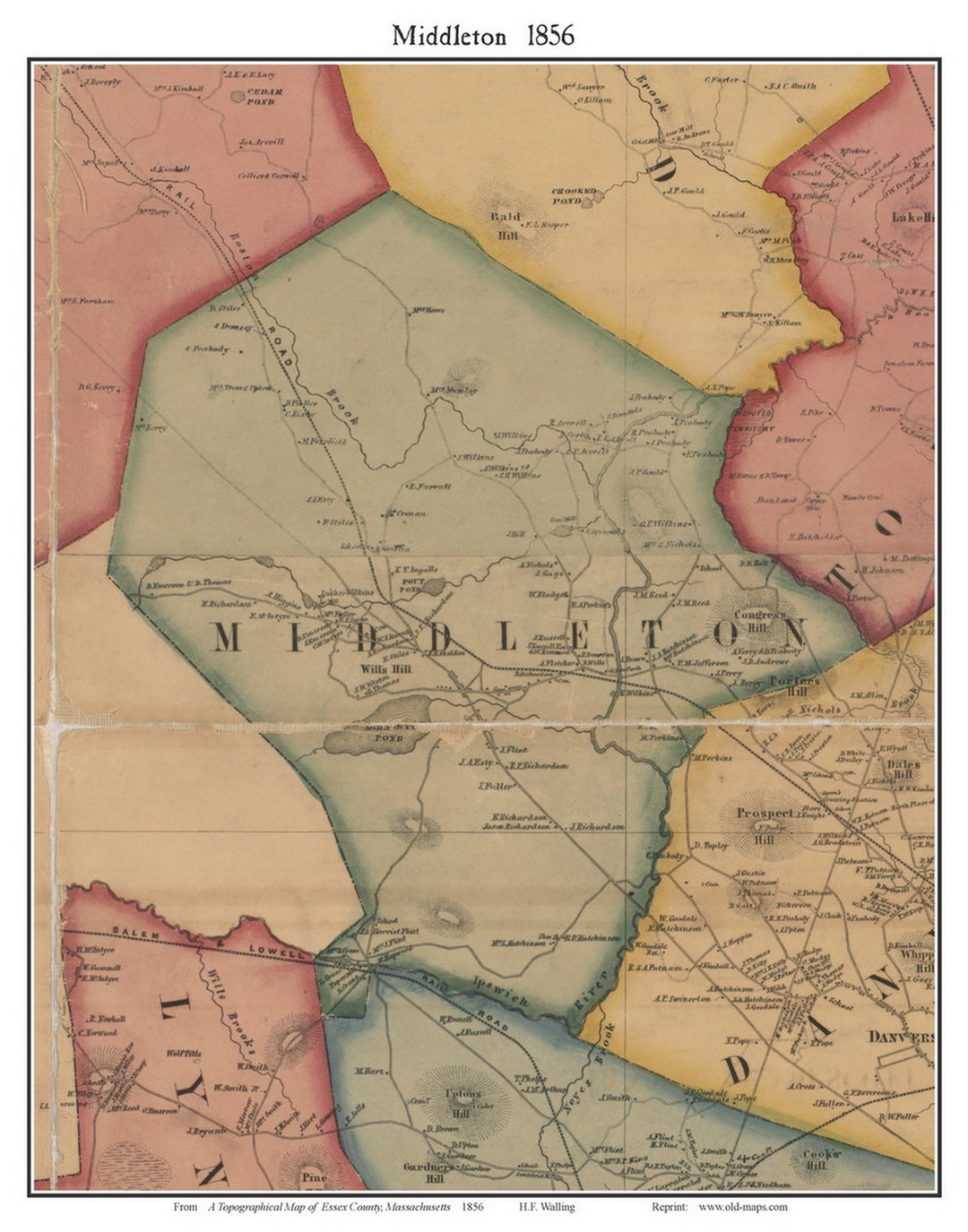 Middleton Massachusetts 1856 Old Town Map With Homeowner Names Reprint ...