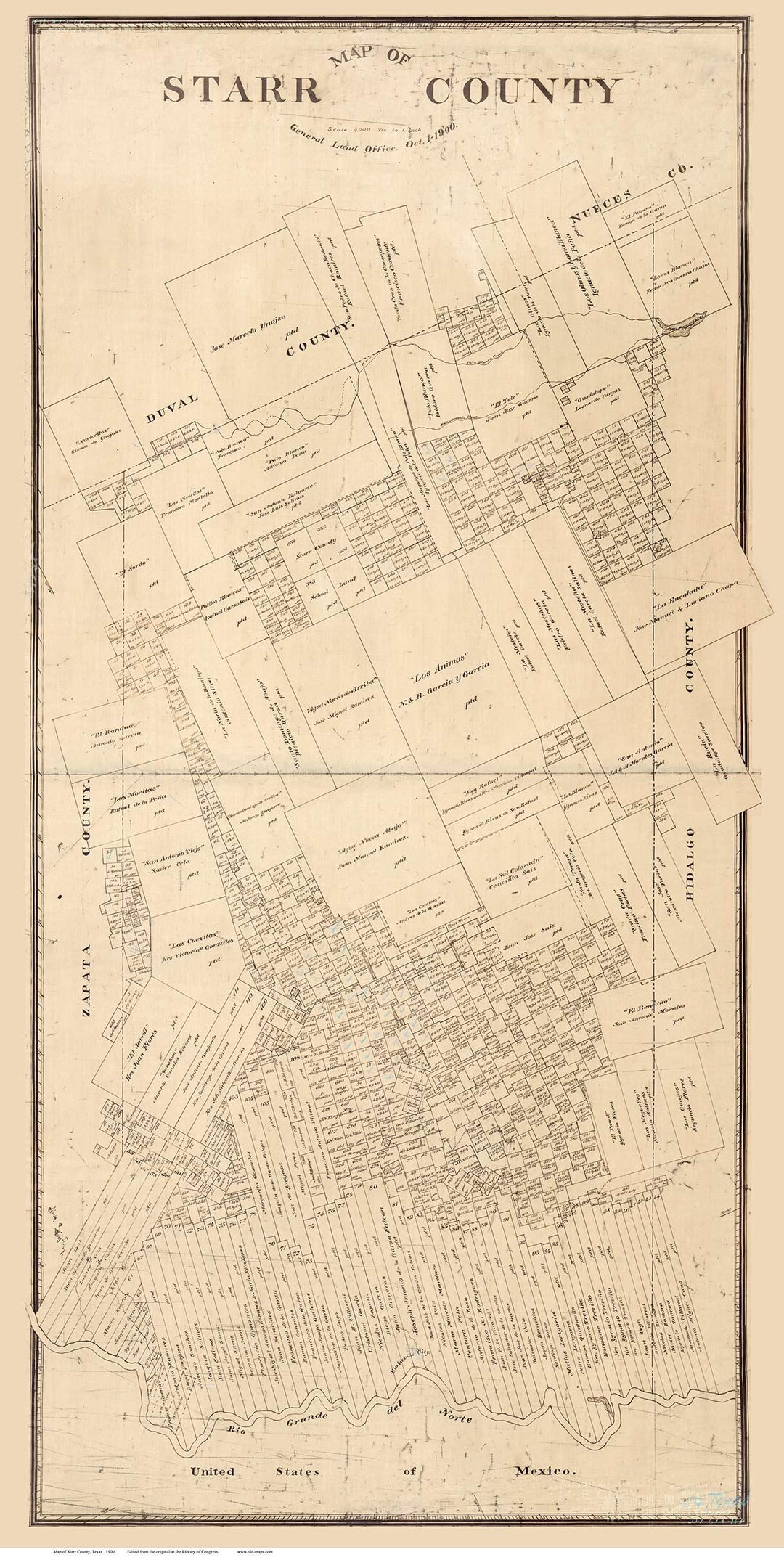 Starr County, Texas - 1900 - Old Wall Map Reprint With Land Owners ...