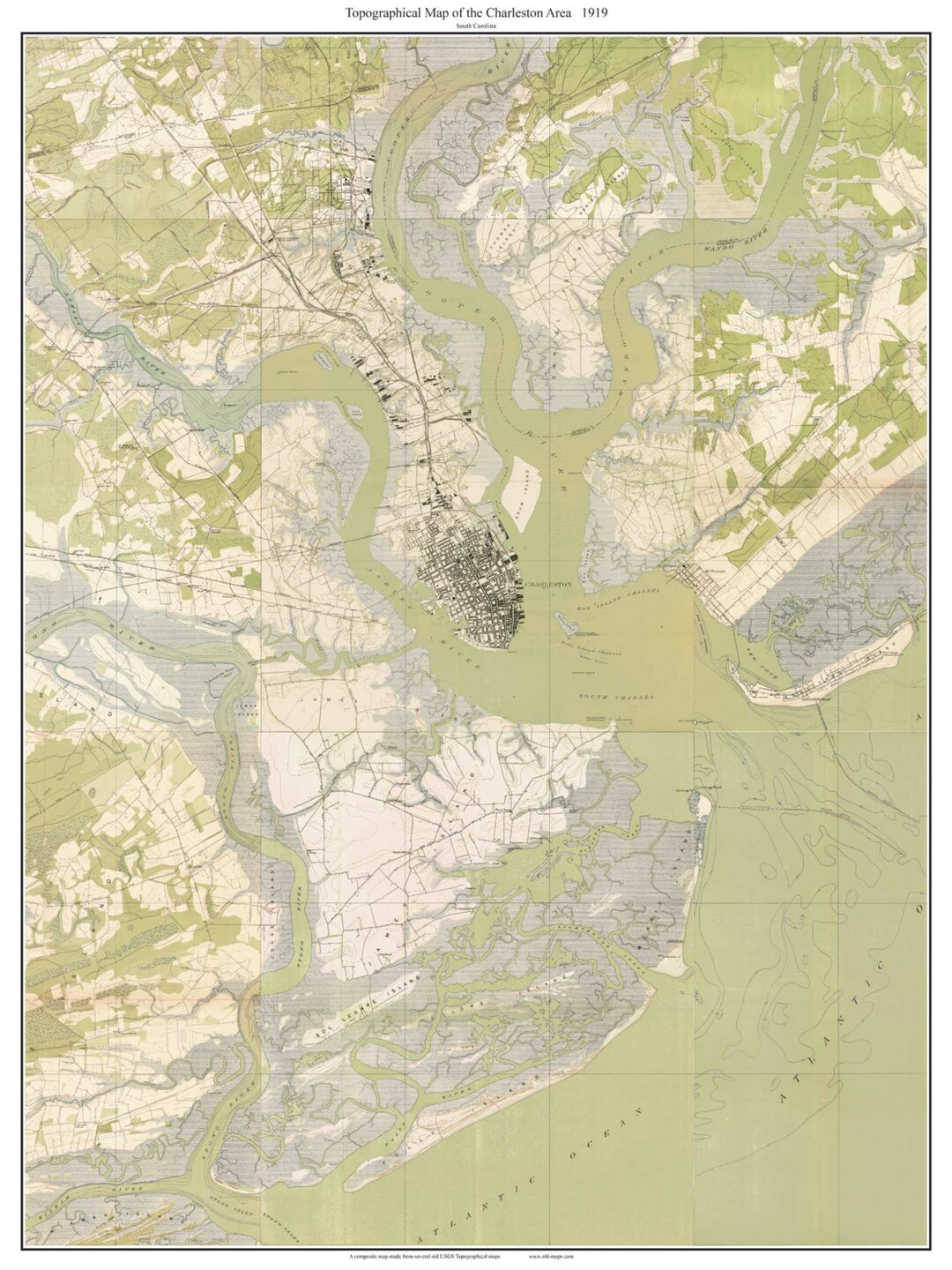 Charleston Area SC 1919 Old Topo Map - USGS Custom Composite Reprint ...