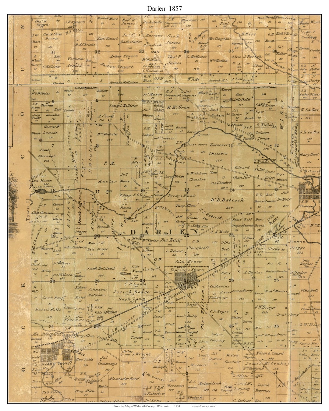 Darien 1857 Old Town Map With Homeowner Names Wisconsin - Reprint ...