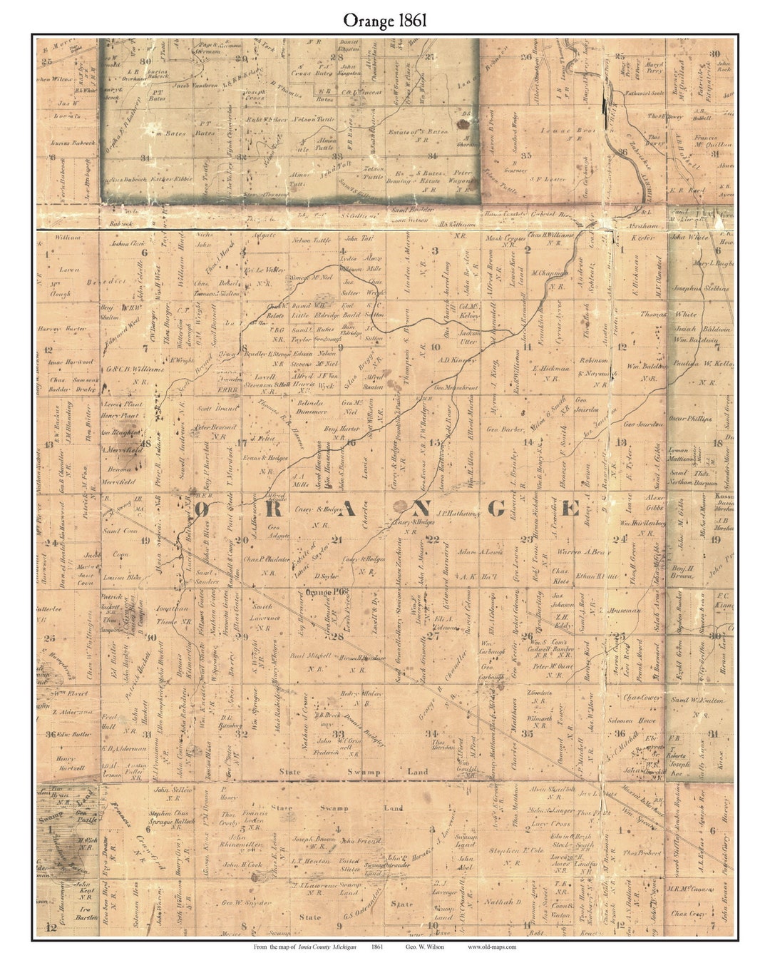 Orange 1861 Old Town Map With Homeowner Names Michigan - Reprint ...
