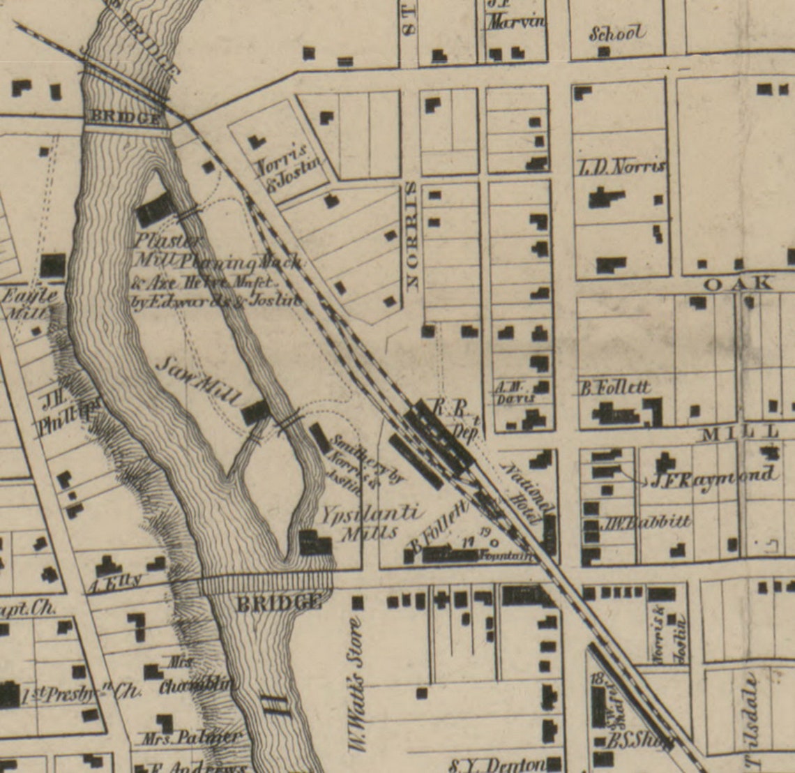Ypsilanti City 1856 Old Town Map With Names Michigan | Etsy
