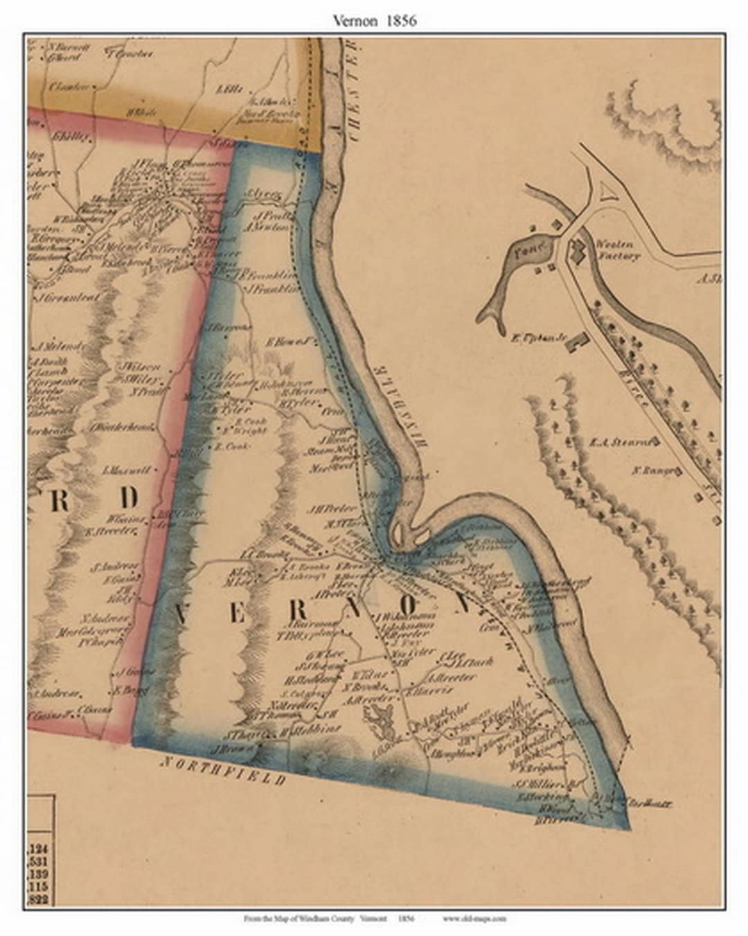 Vernon 1856 Old Town Map With Homeowner Names Vermont - Reprint ...