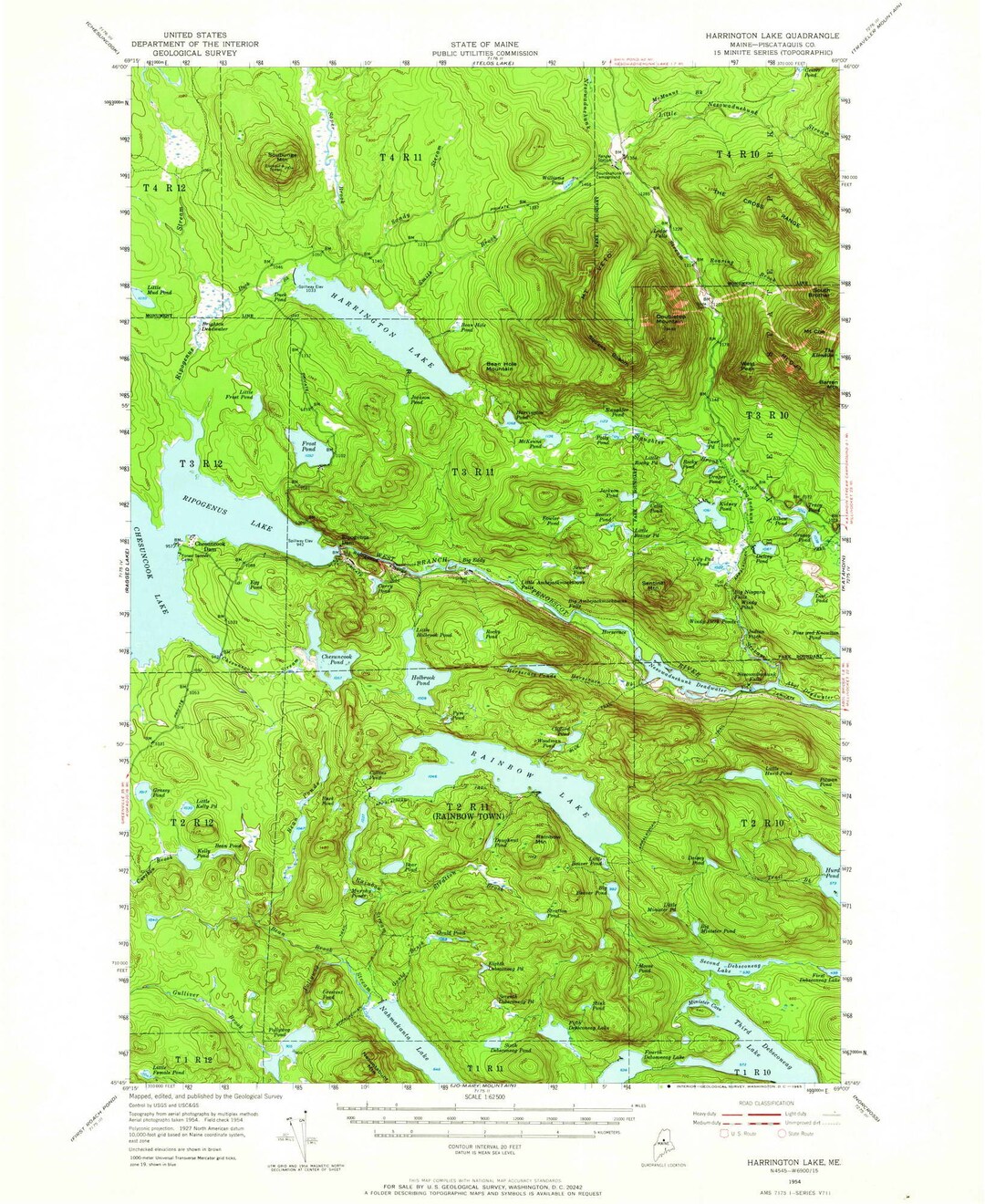 Harrington Lake 1954 1965 Old Topo Map Rainbow Lake Ripogenus Lake Quad ...