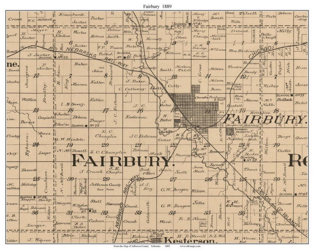 Fairbury 1889 Old Town Map With Homeowner Names - Nebraska - Reprint ...