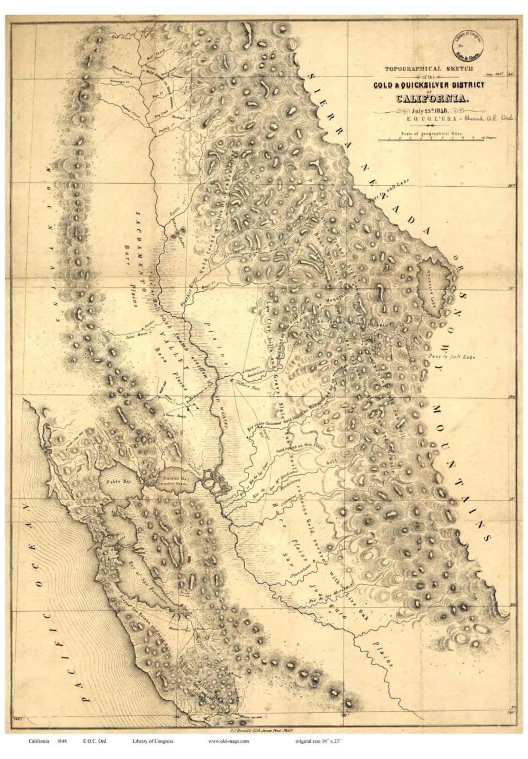 California 1848 Map Gold and Silver Quicksilver District Reprint State ...