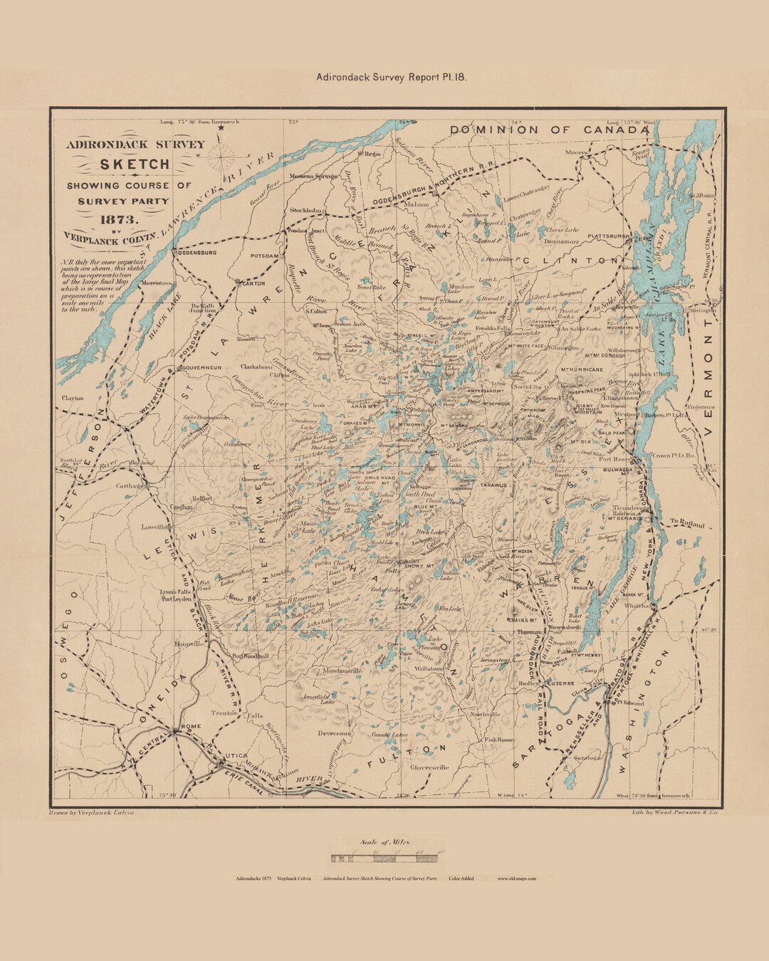 Adirondack Survey Sketch 1873 - Custom Colored Water - Old Map Land ...