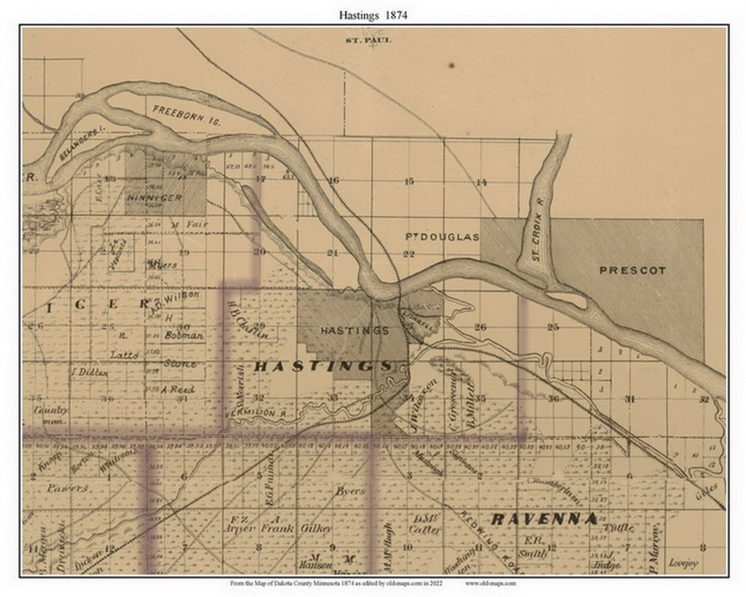 Hastings 1874 Old Town Map With Homeowner Names - Minnesota- Reprint ...
