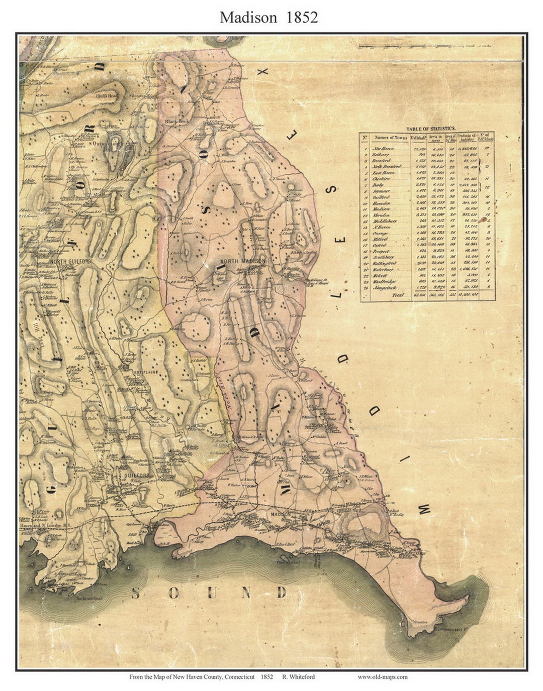 Madison 1852 Old Town Map With Homeowner Names Connecticut - Reprint ...