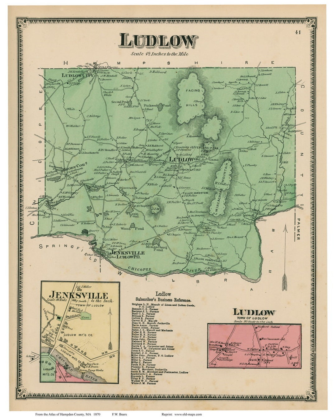 Ludlow 1870 - Old Town Map Reprint - Jenksville, Hampden County ...