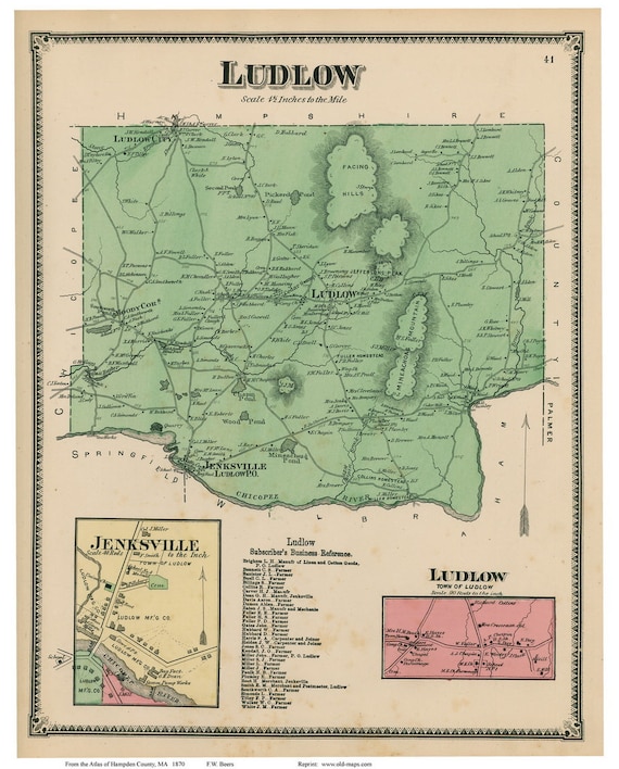 Ludlow 1870 Old Town Map Reprint Jenksville Hampden | Etsy