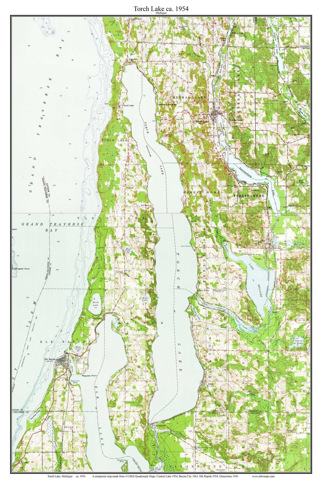 Torch Lake - 1954 Map Print - Michigan - Old Topographic USGS Custom ...
