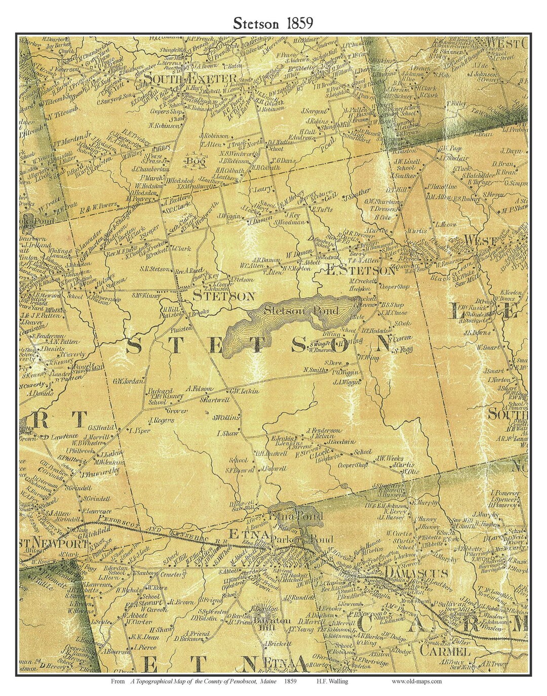 Stetson 1859 Old Town Map With Homeowner Names Maine Stetson Pond ...